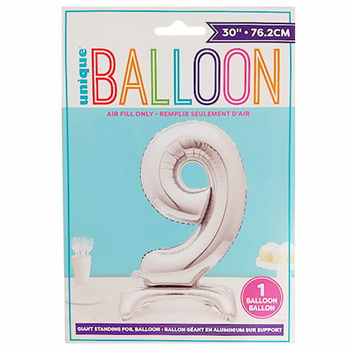 フォイル ナンバーバルーン "9" のシルバーです。 スタンディングタイプの数字です。 空気を入れて膨らませてください。 30" (76.2cm)と大きなサイズで存在感抜群。 テーブルなどに飾ると華やかになります。 誕生日パーティー、結婚記...