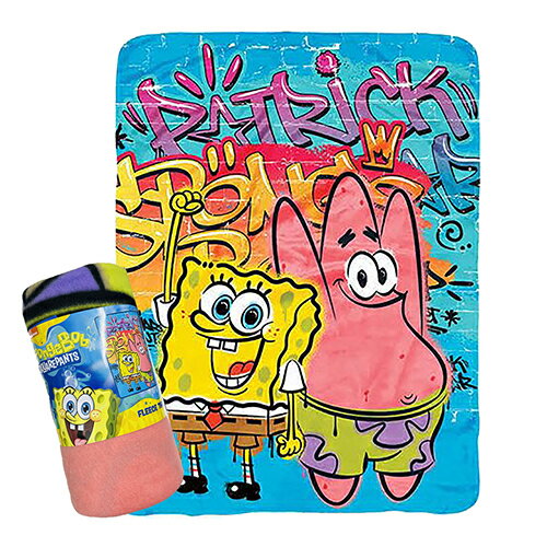 アメリカからの輸入品☆ スポンジボブのフリースブランケットです。 ストリート調のポップなボブの絵柄がかわいいです。 薄手で軽くてあたたかい！使いやすいブランケットです。 大きめなので、お子様の毛布としても♪ お昼寝などにもおすすめですよ☆ ...