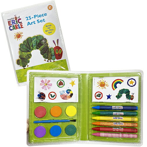 はらぺこあおむしのミニアートセットです。 ステッカー、固形絵の具、筆、クレヨンのセット。 持ち運びにも便利なミニタイプ♪ ぬり絵などと併せてお楽しみください。 ■サイズ：約H15×W11×D2cm ■セット内容：固形絵の具6色、筆1本、クレ...