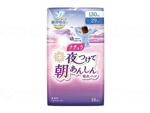 規格詳細 ○サイズ：長さ29cm ○吸収量：130cc ○枚数：16枚入 ○朝、間に合わないときでも”瞬間吸収”&たっぷり吸収 ○寝ているときもお肌安心 　全面通気性バックシートでムレ軽減 ○緑茶成分配合 　汗と尿のにおいをW消臭 ※メーカ...
