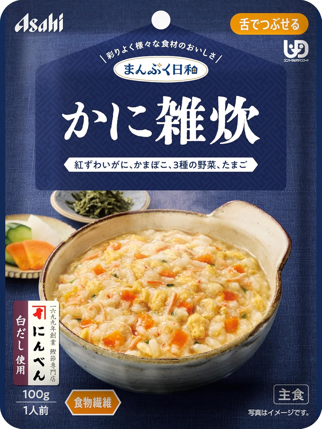 ●内容量/1袋あたり：100g ●味/かに雑炊 原材料・成分 精白米（国産）、野菜（はくさい、にんじん、青ねぎ）、鶏卵、水溶性食物繊維、白だし（小麦・さば・大豆を含む）、べにずわいがに、魚肉練り製品（乳成分を含む）、かにエキス、植物油脂、こ...