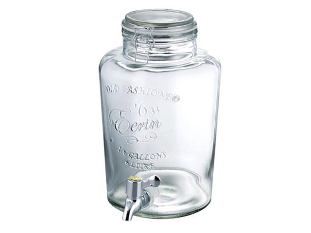 中身の飲料をキレイに魅せる、おしゃれなガラス製のドリンクディスペンサー。フルーツをたっぷり入れたデトックスウォーターなどにもおすすめ。カフェなどの飲食店でも対応できる大容量タイプ。スタンドは別売り。長辺×短辺×高さ：252×200×320m...