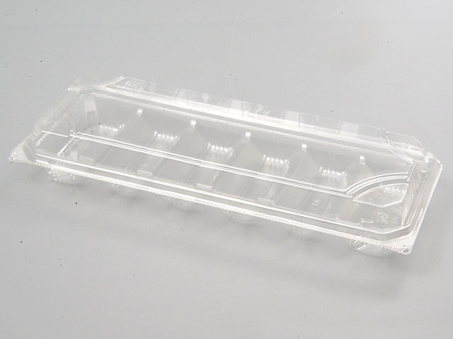 細巻き3本用に最適な透明の容器です。側面嵌合タイプのフードパック。※サイズ表記は、蓋を閉じたときの外寸です。高さは、本体＋蓋の合計になります。サイズ：257×100×43(本体高さ26+蓋高さ17)mm材質：エコAPET重量：13gシリーズ...