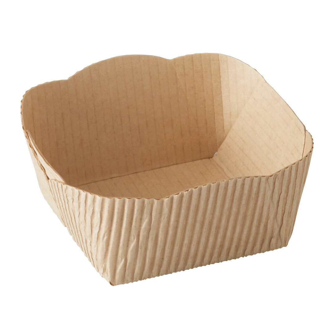 焼成容器。片面をE段加工しているので軽くて強度があるパウンドケーキ用の紙トレーです。サイズ：65×65×40mm／材質：耐油未晒クラフト(カップ、底紙)／重量：9.08g／容量：200cc商品コード00376201メーカー名天満紙器重量9....