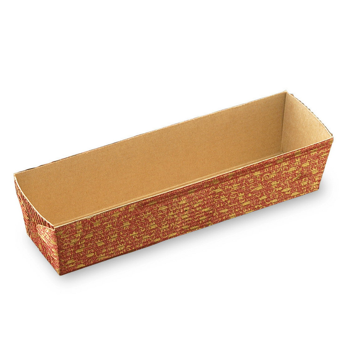 焼成容器。片面をE段加工しているので軽くて強度があるパウンドケーキ用の紙トレーです。サイズ：40×165×40mm／材質：E段未晒クラフト、耐油未晒クラフト／重量：11.91g／容量：350cc商品コード00587353メーカー名天満紙器重...