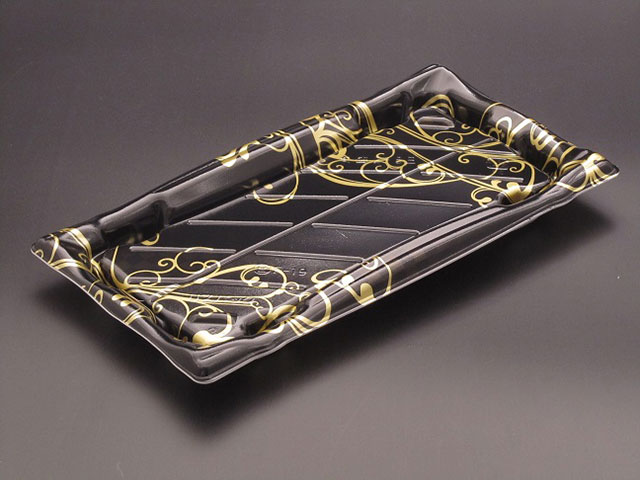 角のポイントでネタを魅せて全体の価値をUP。中央部は内側に反った形状にしているため、小さなネタでもぎっしりと詰まり感を出します。角は広いスペースになっているため、アピールしたいネタをゆったりと盛り付けられます。中身を邪魔せずしっかりとみせる...