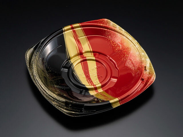 海鮮丼が映える、専用容器。角丸形状で売場のデッドスペースを削減。赤金黒の柄で華やかさとボリューム感をUP。サイズ：180×180×28mm材質：HIPS重量：12g商品コード00612552メーカー名リスパックサイズ180×180×28mm...