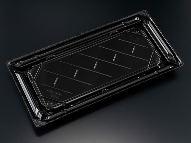 盛り付け目安：お寿司12貫。別売りの蓋はスマート嵌合(※嵌合部の内側に壁がある独自の設計)で外れにくく、お寿司の渇きが従来の容器の4分の1に低減。蓋は別売り。サイズ：287×142×24mm材質：バイオマスプラ重量：27g商品コード0062...