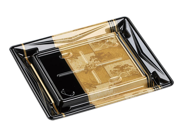 蓋の高さが選べる鮮魚・刺身用容器(4点盛)。カチッとはまる外嵌合(かんごう)タイプ。豊富なサイズと柄で、冷惣菜や和菓子など部門を超えてご使用いただけます。※蓋は別売り。サイズ：194×167×18mm／材質：PSP／重量：5g商品コード00...