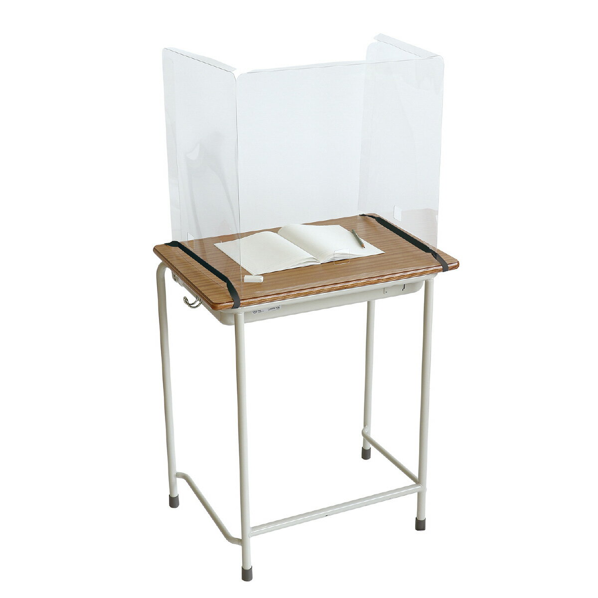 学校の授業の感染予防に。給食などマスクを外すときも安心。組立簡単。アルコール消毒・洗剤拭き取りOK。角丸加工。ケガ防止のため角を丸くしています。透明シールドで3面をガード。(たわみ防止構造)。折りたたんでフックに掛けられる。ゴムひもでしっか...