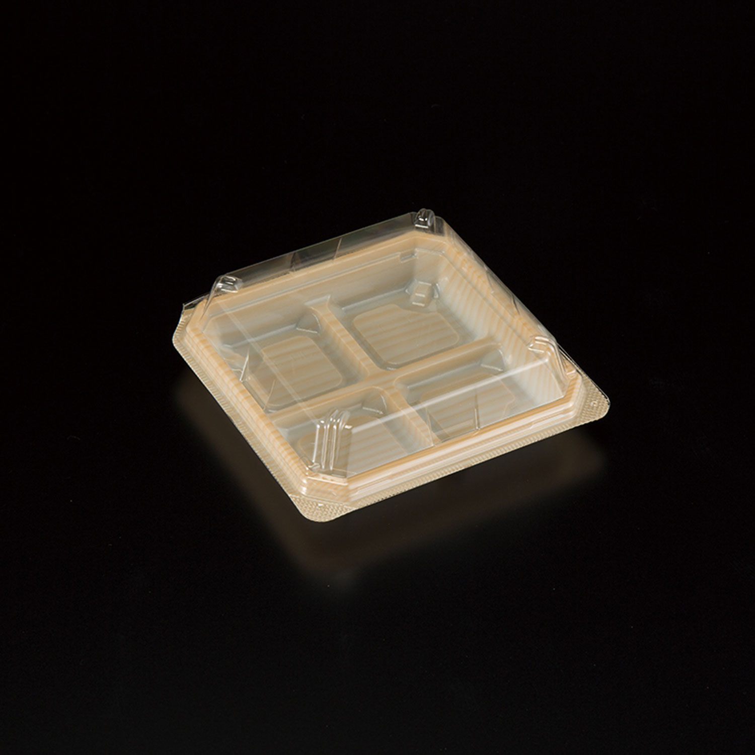 蓋・本体一対式4仕切容器。和菓子約40g×4個サイズ感。サイズ：125×125×37mm材質：OPS商品コード00414991メーカー名スミサイズ125×125×37mm材質OPS電子レンジ不可種別一体型商品関連商品(バラ)ユニコン JU-...
