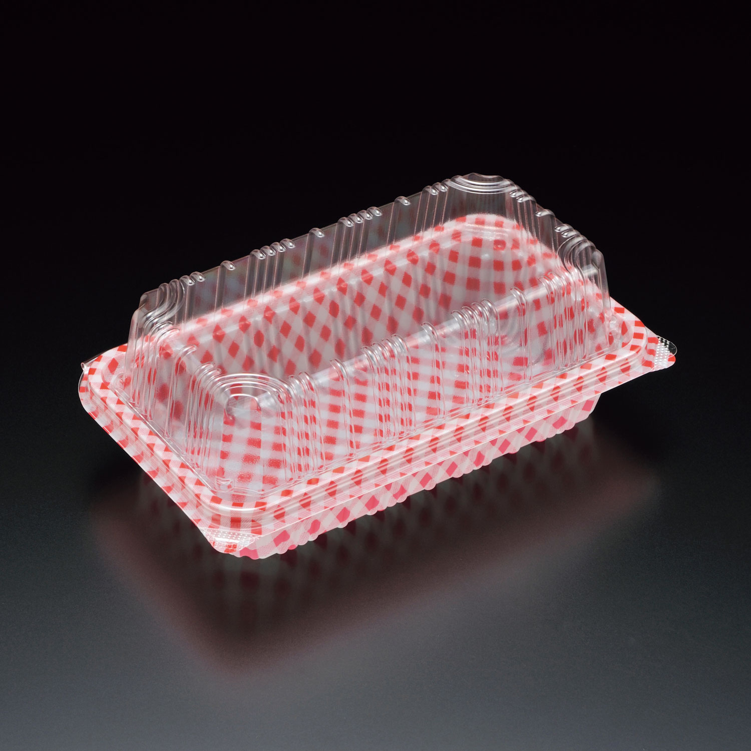 蓋・本体一対式容器。盛蓋の長方形。耳付き食パン1/2カットサンドイッチサイズ感。ホットドック、ロールケーキ等製菓製パン向け。サイズ：185×110×67mm／材質：OPS／容量：350ml商品コード00523890メーカー名スミ電子レンジ不...
