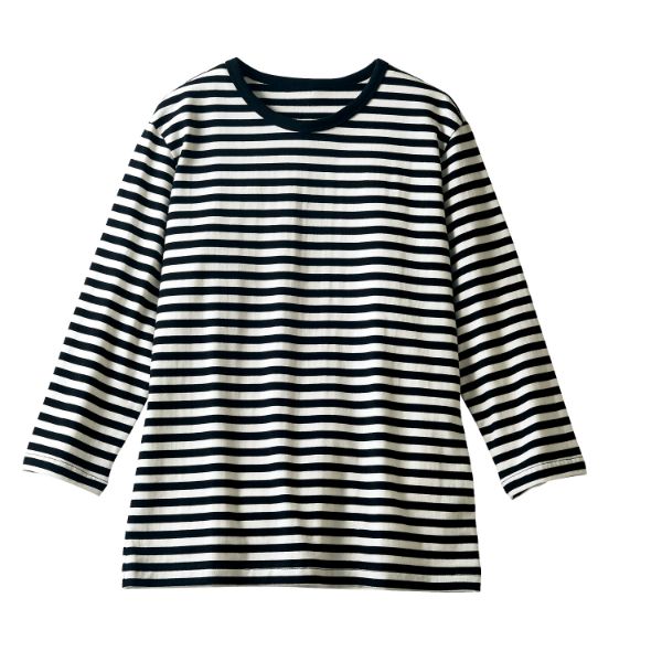 「ワールドグループ」とのコラボ商品「ブランシェ」シリーズ。形態安定加工でシワになりにくいカットソー。清潔感のあるシックなマリンテイストは、コーヒースタンドやカフェ、ベーカリーと好相性。サイズ：SS材質：30/2 ニットボーダー(綿100%)...