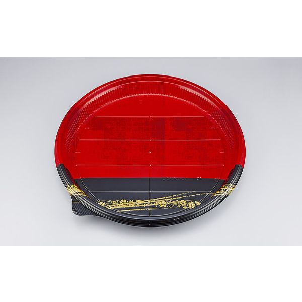 高級感溢れる柄で寿司を引き立てる。「強嵌合」のため、ノンテープが可能でテープコスト削減に繋がります。[寿司桶]5人前／[用途]寿司、刺身盛り合わせ、精肉など。※蓋は別売り。サイズ：φ371×40mm材質：HIPS商品コード00679126メ...