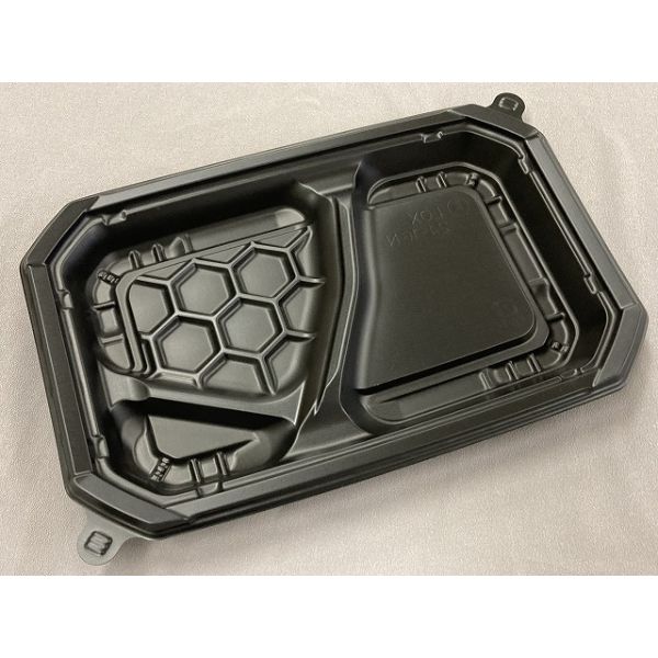 食材が盛りやすく具材が止まる六角形状の底面の容器。ふたが閉めやすく、開けるときはベロが着いているので便利。サイズ：235×155×24mm材質：PPF重量：14g商品コード00730905メーカー名中央化学サイズ235×155×24mm材質...