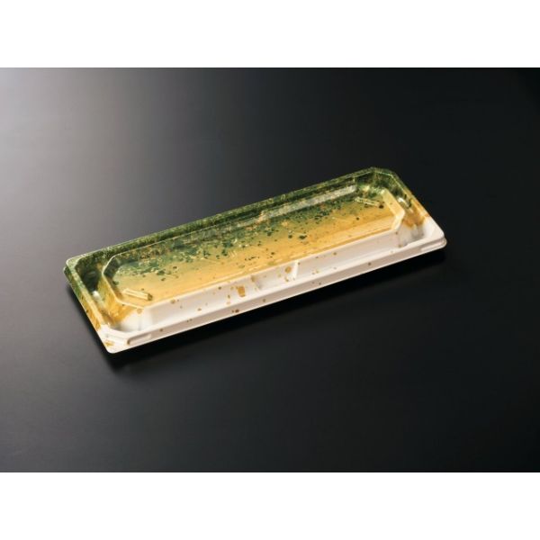 重厚感のある短めのハカマ形状で高い位置での盛付けができます。寿司のズレを軽減する囲い枠がついております。サイズ：280×103×22mm材質：バイオCF重量：14g商品コード00730989メーカー名中央化学サイズ280×103×22mm材...