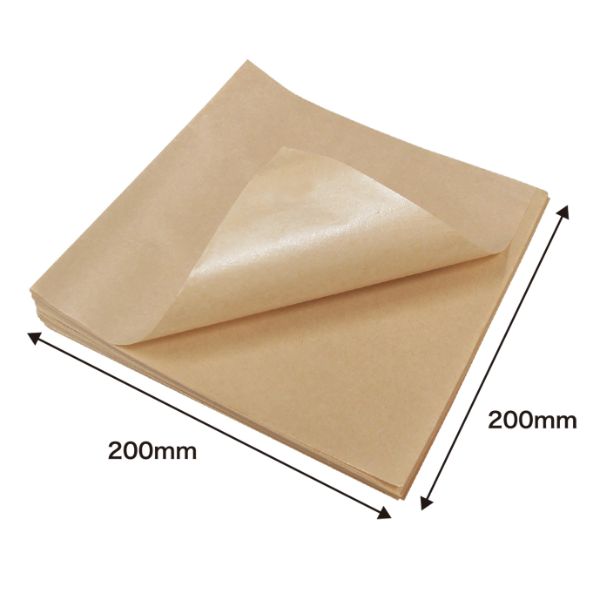 ラミネート加工された未晒クラフトのバーガー袋。自然な風合いがおしゃれなシーンをつくりだせます。バーガーだけでなく、サンドイッチ・揚げ物、焼き菓子などにもご使用いただけます。 サイズ：200×200mm材質：未晒クラフト、内側PEラミネート商...