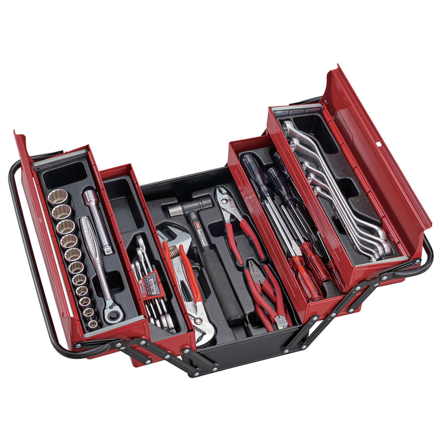 工具を厳選し、各種産業機械の整備に適したセットです。V形3段式メタルケース、全段プラスチックトレー付きです。[用途]主に産業機械の組み立て・整備に。あらゆる分野で活躍しています。[仕様]セット内容(点)：46、タイプ：3段式メタルケース、収...