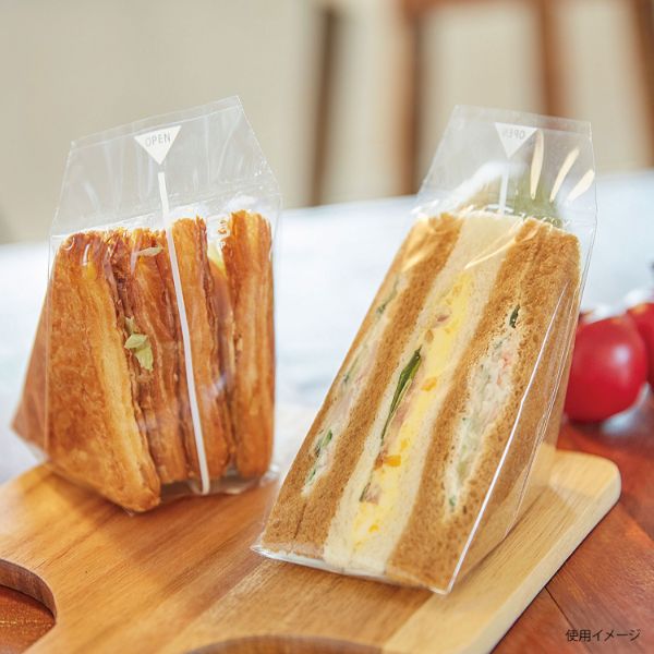 コンビニタイプの簡単に開けられる「イージーカット」がついた手詰用サンドイッチ袋です。「イージーカット」部分は視認性の高い白色ライン。防曇タイプのOPPを使用しているので曇りません。食品衛生法規格基準適合商品です。[入数]100枚。サイズ：[...