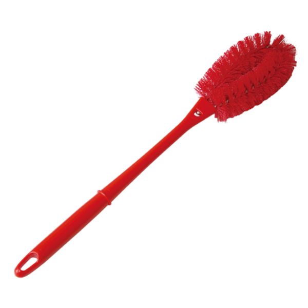 手の届きにくい場所の残渣もゴシゴシ落とせる柄付のたわし。手の届きにくい場所やそこの深い鍋などの清掃に最適です。耐熱温度は柄部160℃、ブラシ部140℃(JIS S 2029に準拠)。ブラシ線材にはPBTを採用しており、耐熱性・耐薬品性・耐摩...