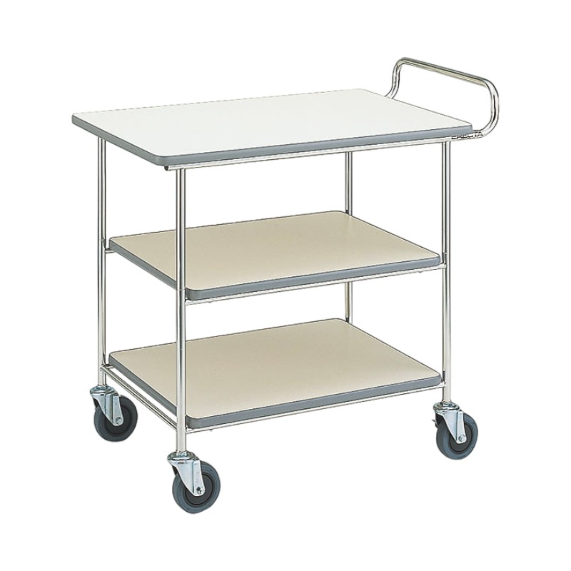 使う場所や用途を選ばない万能型のカート。軽量でシンプル。CPに優れます。キャスター：4輪自在(対角ストッパー付)。天板サイズ：750×500mm。サイズ：830×500×H810mm材質：[パイプ部分]18-8ステンレス、[キャスター]φ1...