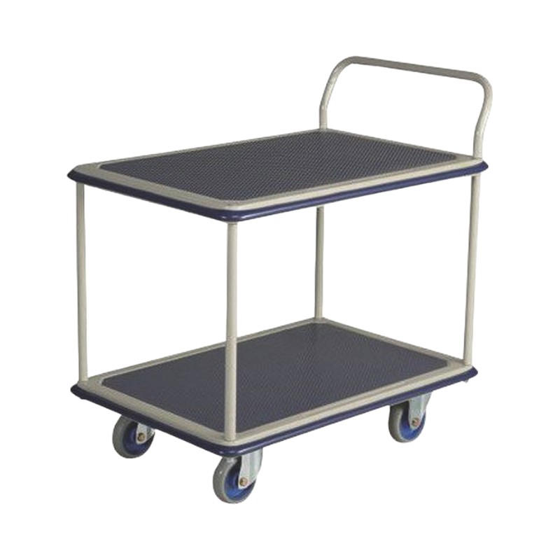 デッキの全周には衝撃吸収ゴムバンパー付。床に黒いゴム跡がつきにくいノーマーキンググレーキャスター採用。ピッキング作業等に便利な2段仕様で積載面が2倍、腰をかがめる作業やピッキング作業の疲労軽減に。サイズ：740×480×H850mm材質：[...