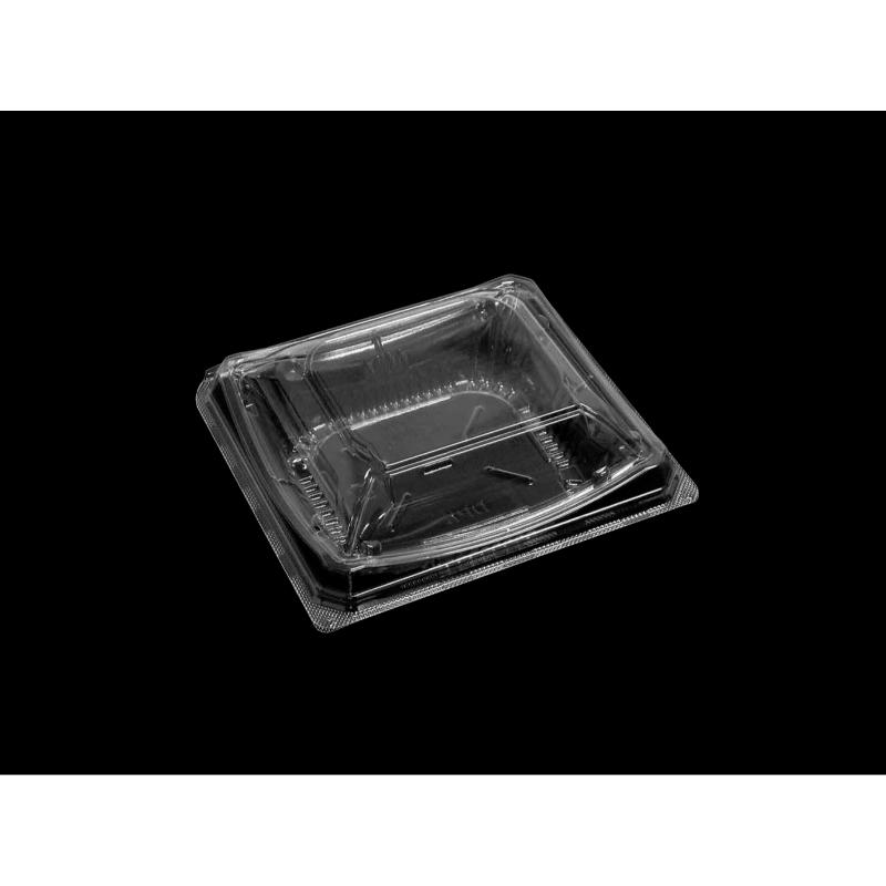 丸みのある今までにない蓋形状の嵌合フードパック。蓋と本体の側面が絞り込まれていて空間に無駄がなくボリューム感UP。耐熱温度95℃。サイズ：[閉じたサイズ]長辺127×短辺118×嵌合時総高さ45(本体高さ21/蓋高さ24)mm材質：OPS重...