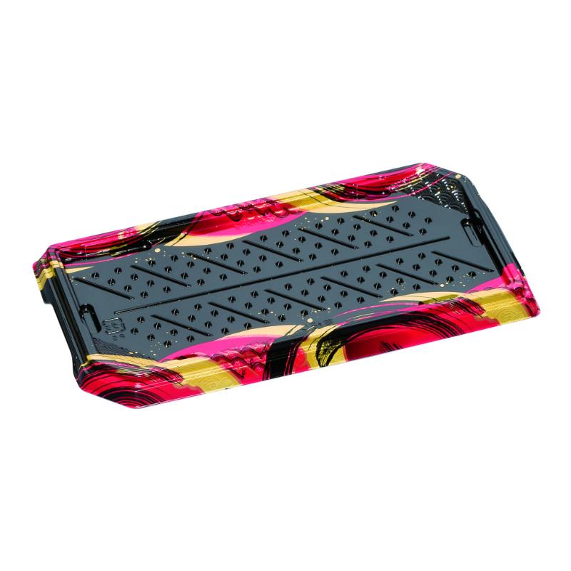 底上げボリューム形状：ボリューム形状により寿司をより大きく見せます。滑りにくい形状：独自のスパイクと仕切を付けることで寿司が滑りにくくなります。盛付目安線入り：目安線が入っている事により、盛付しやすい容器です。ころび防止形状：ころび防止形状...