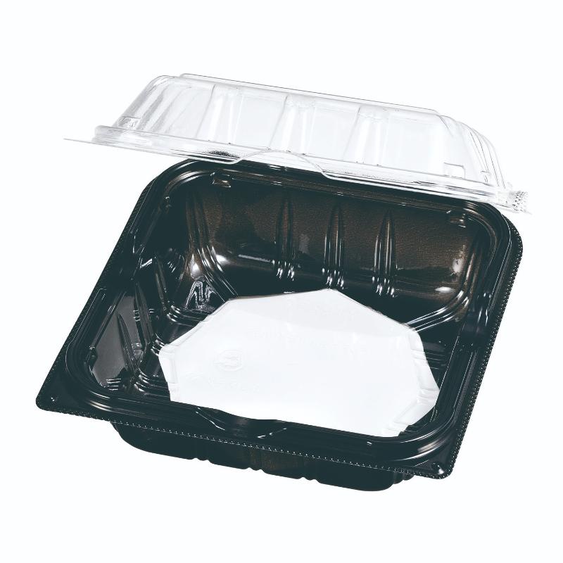 細かな量目に対応したミニトマト容器！自動包装にも対応可能！ペットボトルリサイクル品を原料にしている為、CO2排出量を30％削減可能です！※エコマーク刻印入。サイズ：143×142×60mm材質：エコAPET重量：17.1g商品コード0076...