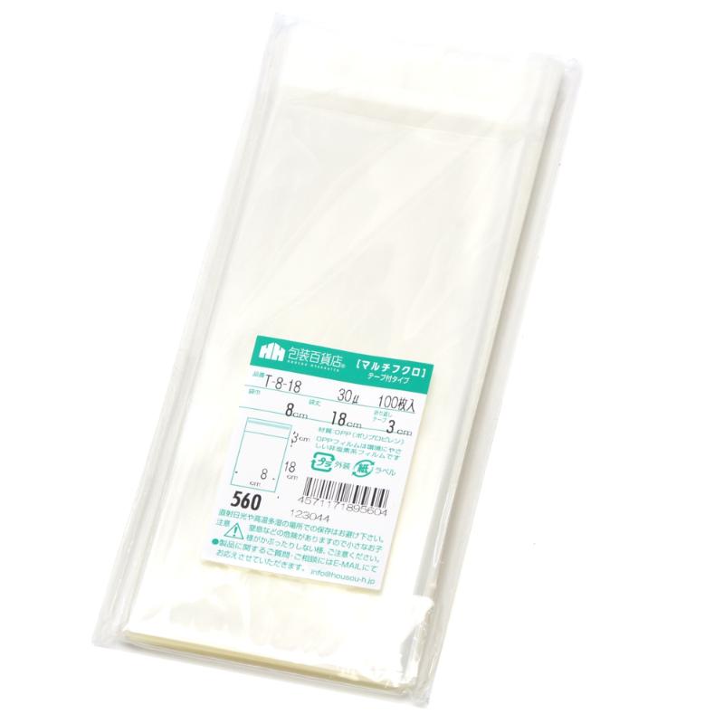 テープ付タイプの透明袋です。透明性にすぐれたOPPフィルムを使用しています。商品の汚れや破損を防ぎます。袋上部に粘着テープが付いているので、折り返して簡単に封ができます。1冊100枚入です。サイズ：180×80mm、[折返し]30mm材質：...