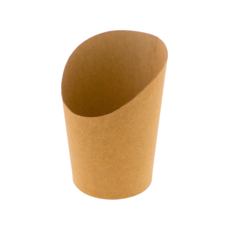 内側PE加工で油染みしにくいクラフト紙容器。ポテトフライやからあげなど、ホットスナックを入れるのにぴったりな斜めカットの形状です。1袋50個入。サイズ：幅61(底径50)×高93mm材質：未晒クラフト紙、PEコーティング商品コード00801...