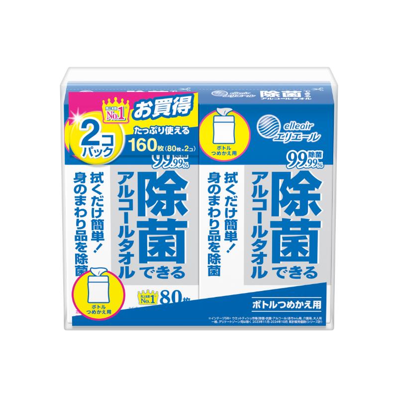 アルコールを配合したシートで、身のまわり品を拭くだけで簡単に菌を除去。速乾性が高く、拭き取り跡が残りにくい。アロエベラ葉エキス配合。経済的なつめかえ用。お買得な80枚×2コパック。商品コード00842723メーカー名エリエールサイズ159×...