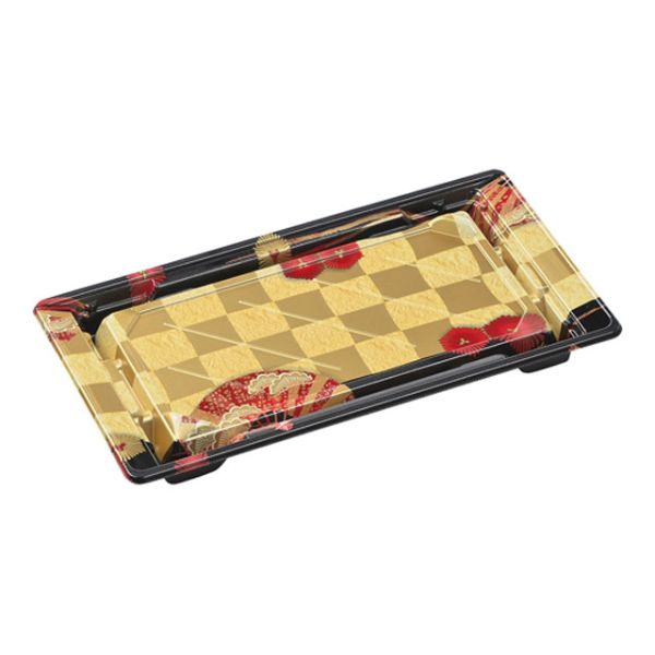 寿司下駄風の本格寿司容器。内容量目安：にぎり2×5貫。商品にアクセントを持たせるため、蓋に伝統模様を彫刻。※蓋は別売り。サイズ：260×140×24mm／材質：HIPS／重量：21g商品コード00561836メーカー名エフピコ重量21.00...