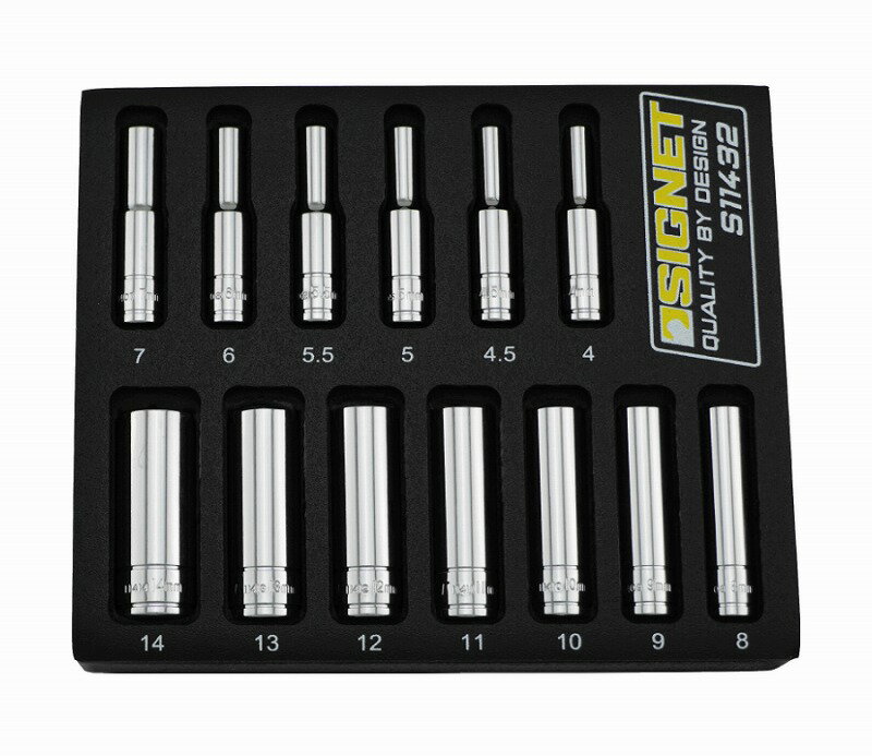 ●差込角(DR)：1/4 ●入組サイズ(mm)：4・4.5・5・5.5・6・7・8・9・10・11・12・13・14 ●トレーサイズ(mm)：W169×D140×H32 ●質量(g)：460 ●ミラー仕上げのメッキが美しいスタンダードソケッ...