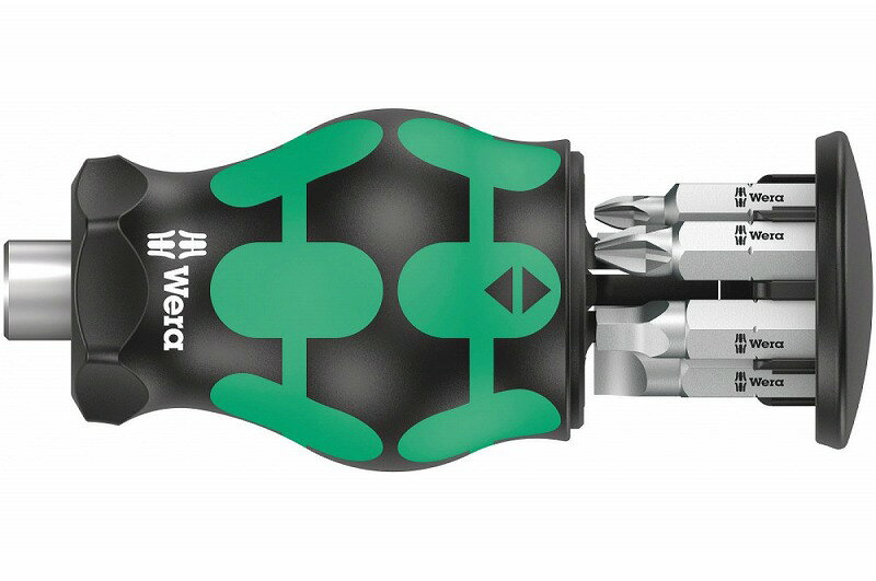 ●6本のビット（付属）をハンドル内に収納可能。 ●六角対辺…1/4” ●全長…65mm ●重量…80g ●先端マグネット ・プラスビット ＃1X25 ＃2X25 ・マイナスビット 1.0X5.5X25 1.2X6.5X25 ・四角ビット ＃...