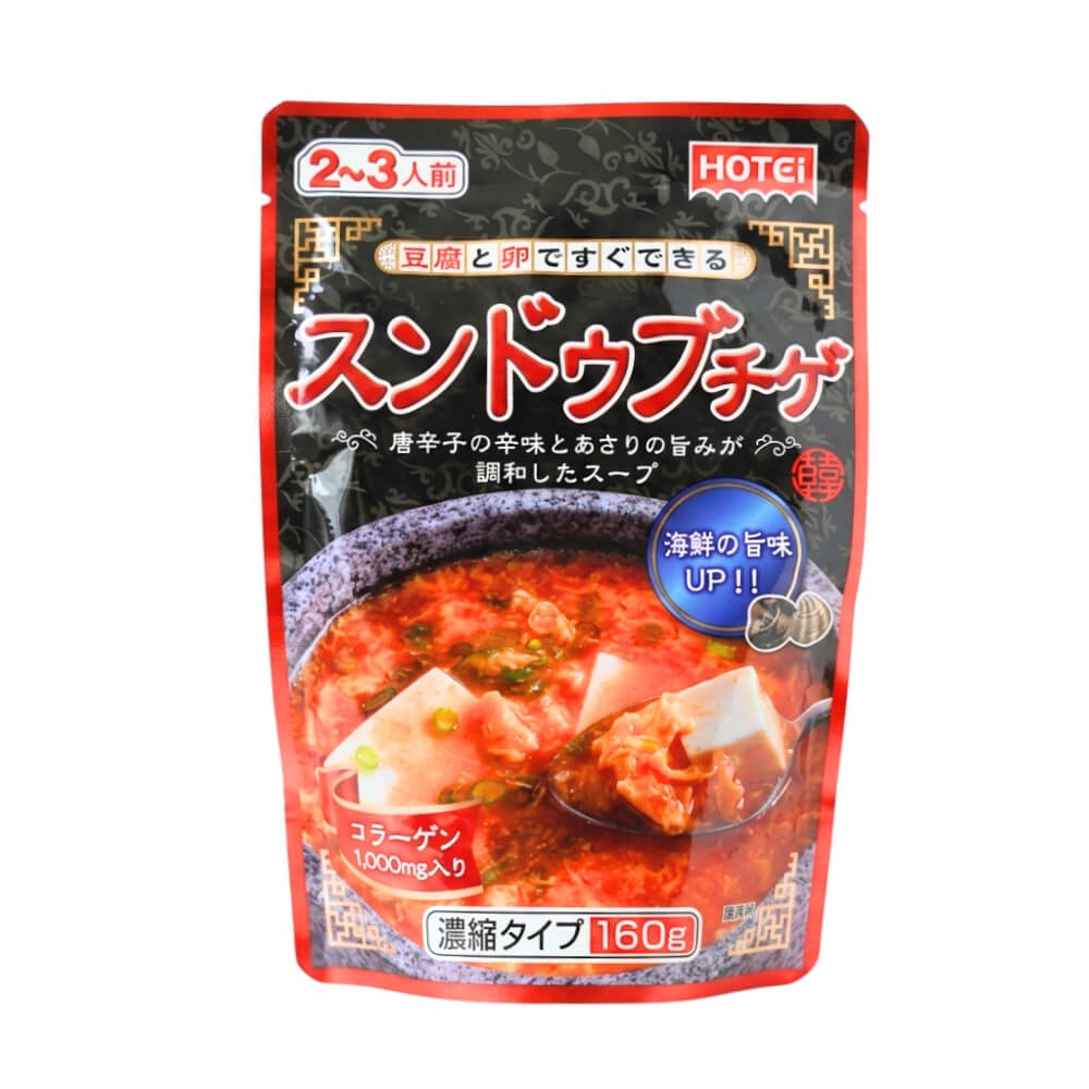 スンドゥブチゲとはあさり等の海鮮の旨みと唐辛子の辛さが調和した韓国のスープ料理で、漢字では純豆腐（スンドゥブ）と表記します。 本品160gに対し水200mlを加えて加熱し、豆腐と溶き卵を使って作る2〜3人前の濃縮タイプです。女性に嬉しいコラ...