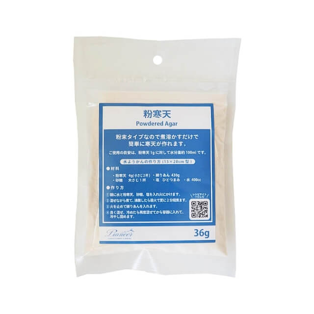 粉末タイプなので、煮溶かすだけで簡単に寒天が作れます。ご使用の目安は、粉寒天1gに対して水分量約100mlです。 寒天の粉末、4g（小さじ2杯）で棒寒天1本分と同じです。海草なので食物繊維も豊富です。 ■名称：製菓材料 ■原材料名：海藻（紅...