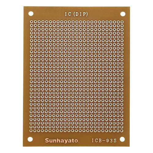 ●サイズ(mm)：72*95●厚み(mm)：1.6●材質：片面・紙フェノール●仕上げ処理：フラックス、部品面シルク印刷●パターン：2.54mmピッチ、ドットパターン、穴径直径1.0●事業者向け商品です。リニューアルに伴い、パッケージ・内容等...