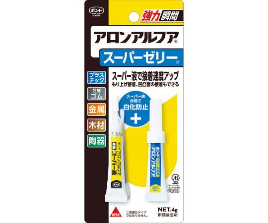 ●セットのスーパー液との併用でハイスピード接着が可能です。●多少のすき間や凹凸面にも使えます。●タレないので天面・曲面にも使えます。●小物細工、装飾品や模型の製作・穴埋め、家具・建具のはがれ、カケ割れ補修に。●色：半透明●容量（g）：4●固...