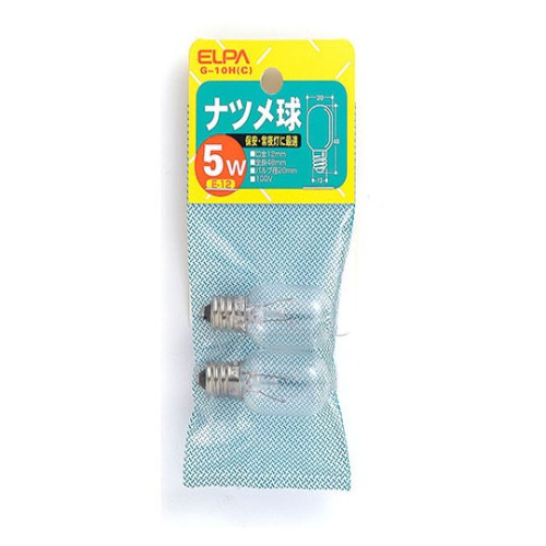 ●保安用・常夜灯・表示灯に適しています。●小形・低ワットで長寿命設計の電球。●定格電圧：100V●定格消費電力：5W●定格寿命：約3,000時間●本体サイズ：全長48×バルブ径20(mm)●口金：E12●入数：2個●カラー：クリア●事業者向...