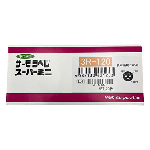 ●小さな部品の温度管理に便利です。●粘着性に優れ、測温部に貼るだけで使用できます。●屋内専用の3点表示超小型の丸型タイプ●変色精度：±2度●原色→変色：白→黒●サイズ：ベース部／直径6mm、示温エレメント／直径1mm*3個●入数：1袋(20...