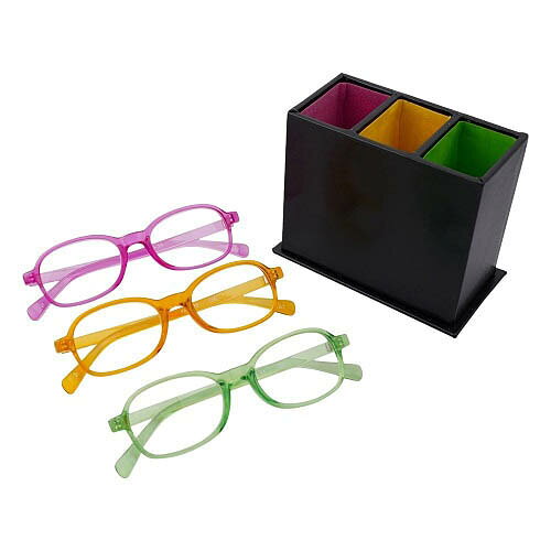 ●型番：セット 4800●弱度・中度・強度●材質：老眼鏡／PC(ポリカーボネート)(フレーム)・アクリル(レンズ)、スタンドケース／ABS樹脂●レンズ度数：グリーン(弱度)／+1.50、イエロー(中度)／+2.50、バイオレット(強度)／+...