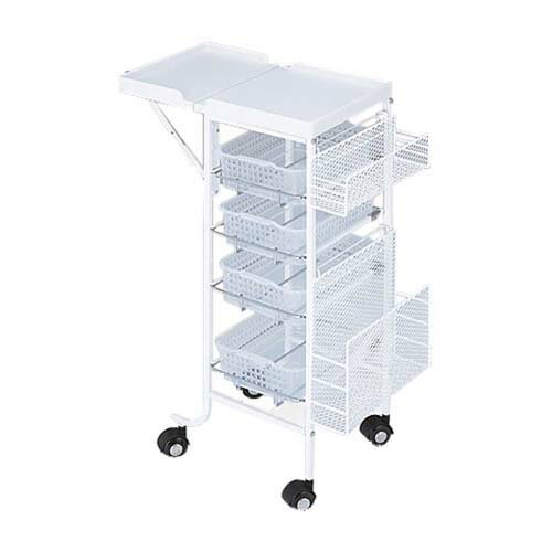 ●補助天板はワンタッチで折りたためます。●収納に便利なサイドラック(大小各1個)が付いています。●材質：フレーム／スチール粉体塗装仕上げ、天板／ABS樹脂成形、引出しカゴ／PP(ポリプロピレン)●キャスター：直径50mmナイロン製(双輪・ス...