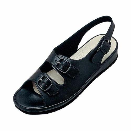 ●足裏を支えてゆったりホールド。●足あたりに優しいフェルト素材。●滑りにくいかかとラバーで安心。●甲の調整ストラップで足の形に合わせてフィット。●アッパー：合成皮革●ソール：合成底●ヒール高：38mm●色：ブラック●サイズ：LL●事業者向け...