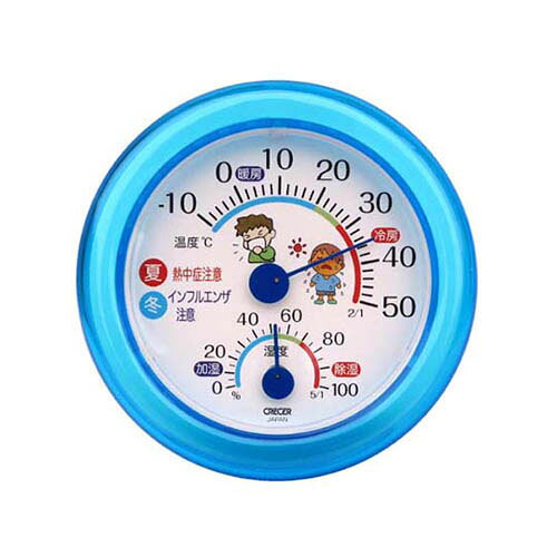 ●冬のインフルエンザ注意、夏の熱中症注意に視点をおいた温湿度計です。●室内用温度・湿度計。●壁掛け・卓上両用の温湿度計です。●カラー：ブルー●本体サイズ：径100*25mm●スタンド付●壁掛け穴付●材質1：PS樹脂●事業者向け商品です。リニ...