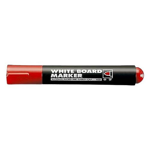 ●スタンダードタイプのホワイトボード用マーカーです。●本体に再生樹脂を使用しています。●長さ：121mm●ペン先：中字丸芯●インク色：赤●インク種類：アルコール系油性インク●材質：軸・キャップ・尾栓／再生PP●種別：通気仕様キャップ●仕様：...