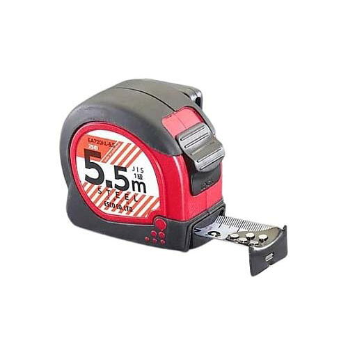 ●JIS1級品●デカクリップ付(50mm幅)●5点リベットで爪飛び防止●エラストマーボディで軍手で持ってもすべりません。●全長：5.5m●幅：25mm●材質：テープ・バネ／スチール(SK85)●カラー：レッド●ワイドフック付：テープ幅よりワ...