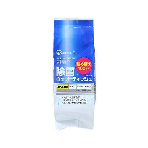 ●いつでも、どこでも簡単に除菌できるアルコール配合のウェットティッシュ詰替え用です。全ての菌を除菌するわけではありません。●ふんわりやわらか仕上げです。●入数：100枚入●シートサイズ：130mm*180mm●パッケージサイズ：幅約80mm...