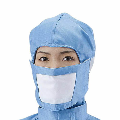 ●導電糸を編み込んでおり、制電環境に適しています。●材質：導電糸入りポリエステル100％（グリッドタイプ）●表面抵抗率値：10^6〜10^9Ω/□●マスク取り付け用面ファスナー付き●クラス100対応●色：青●サイズ：フリー●※クリーンルーム...