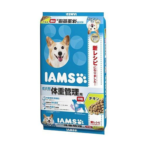 ●体重が気になる成犬のための低脂肪設計。(アイムス 成犬用健康維持用チキン小粒比)●中大型犬にも食べやすい中粒タイプ。●原材料：小麦、とうもろこし、肉類(チキンミール、家禽ミール)、大麦、チキンオイル、家禽エキス、乾燥ビートパルプ、乾燥酵母...